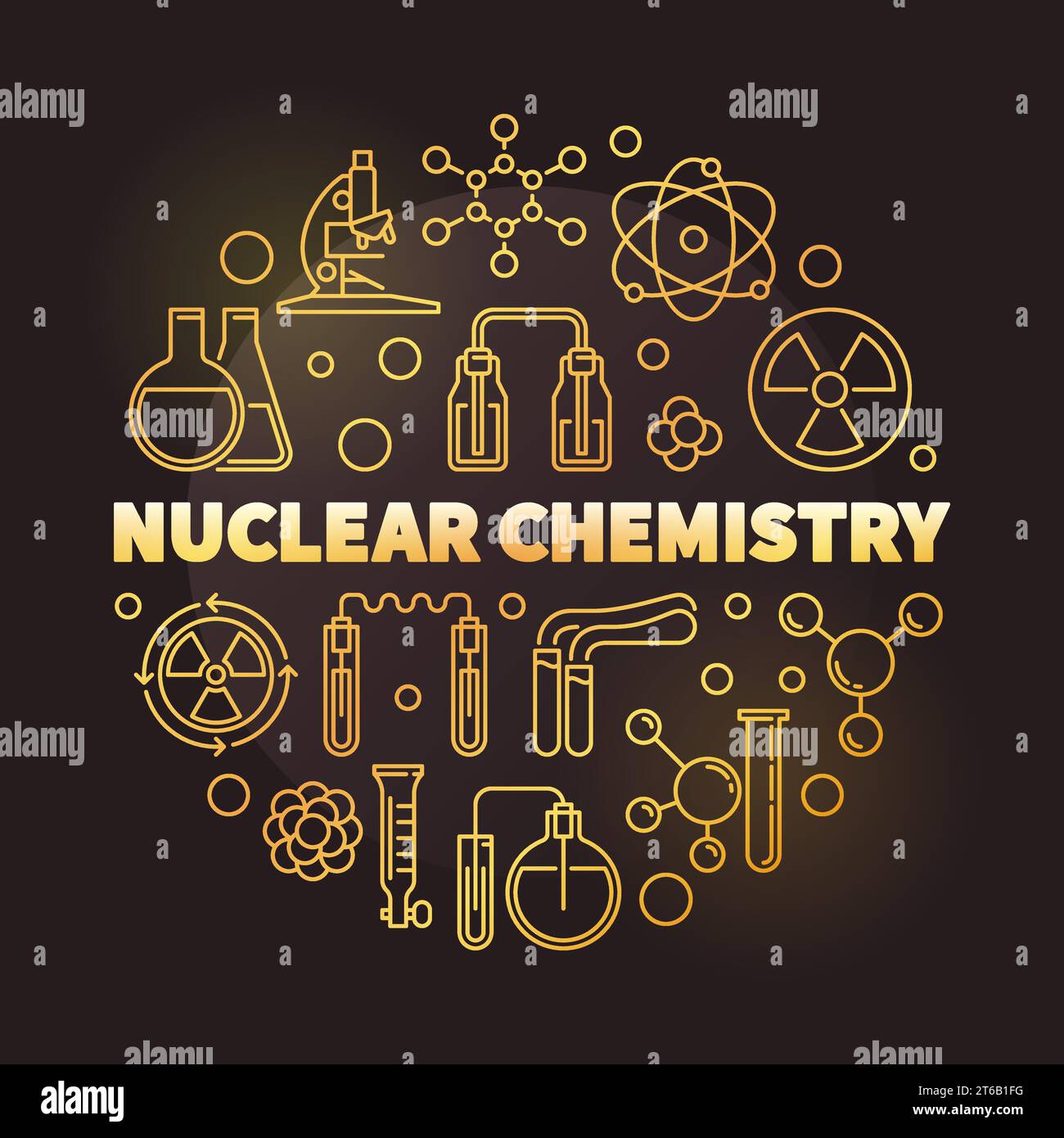 Nuclear Chemistry vector golden round illustration in thin line style ...