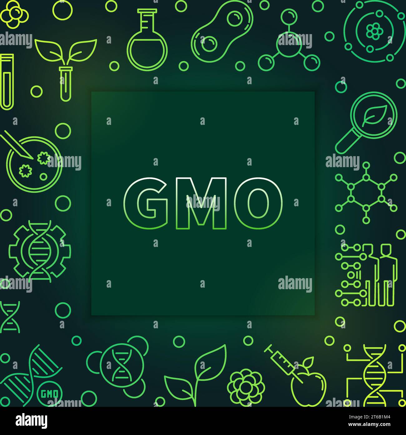 Genetically Modified Organism outline green frame. Vector GMO concept illustration on dark ...