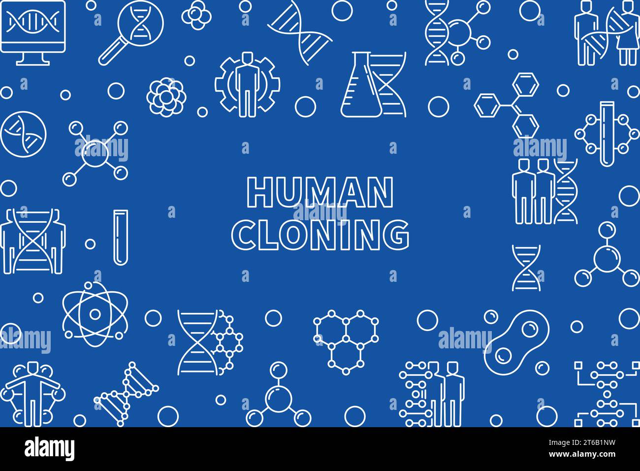 Human Cloning outline horizontal concept frame. Vector illustration in thin line style with blue ...