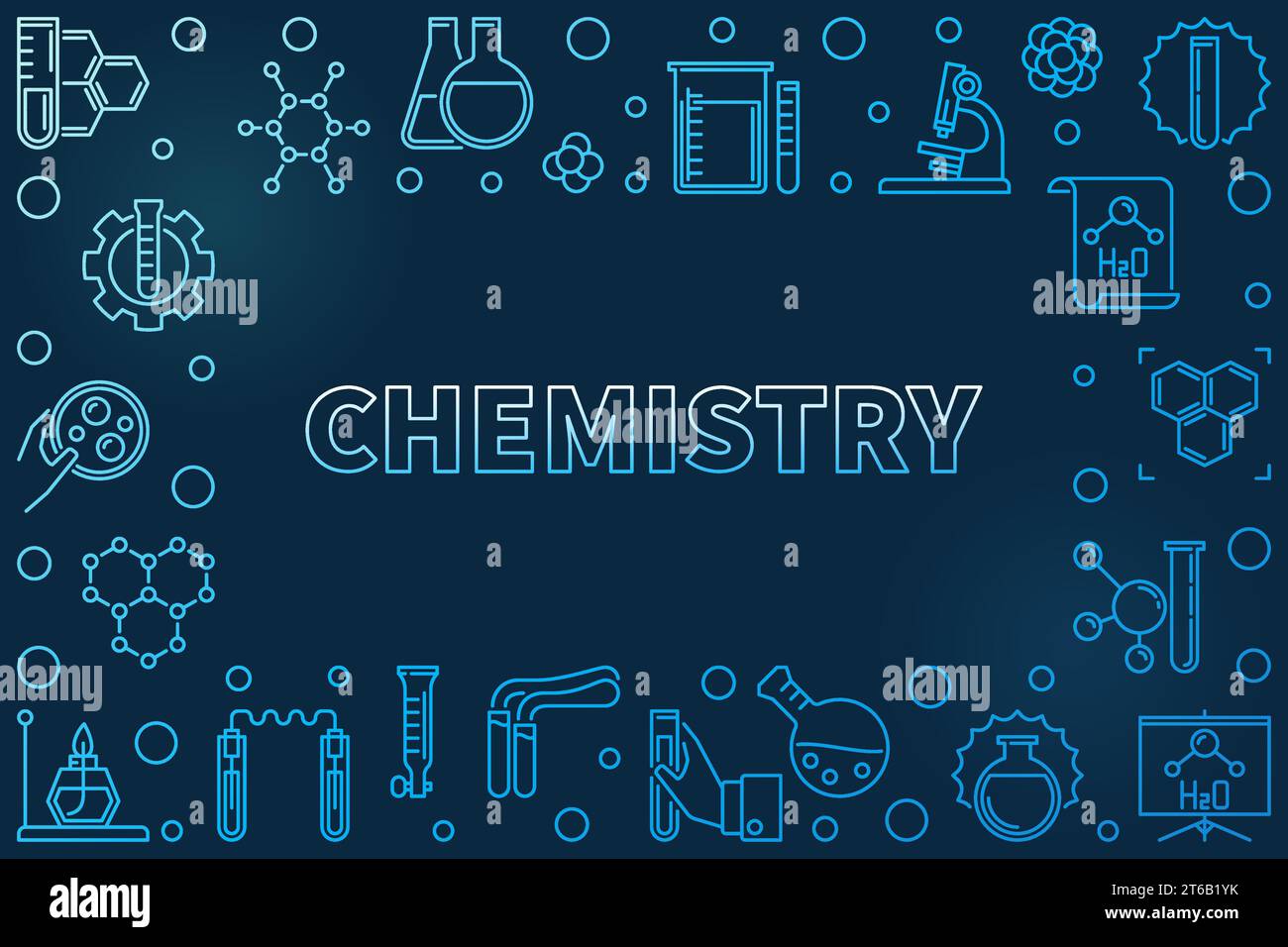 Chemistry vector blue horizontal banner or frame in outline style on ...