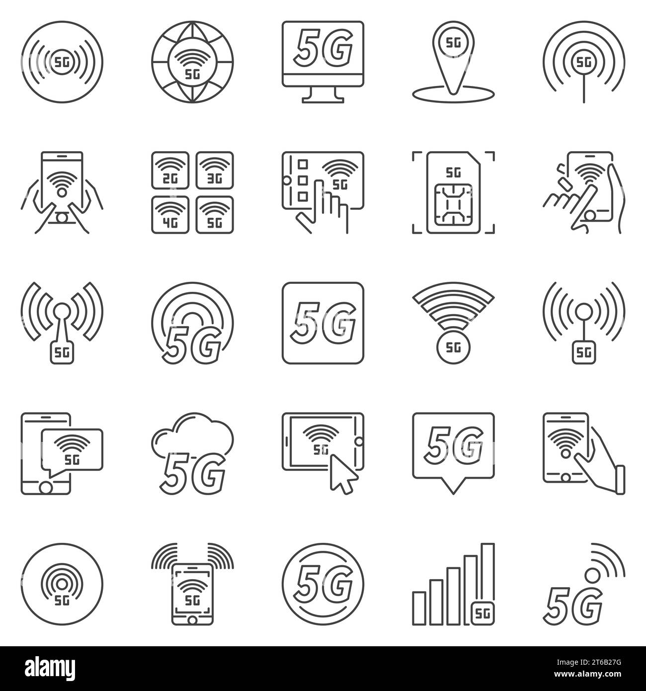 5G outline icons set. Vector fifth generation cellular network technology concept symbols in ...