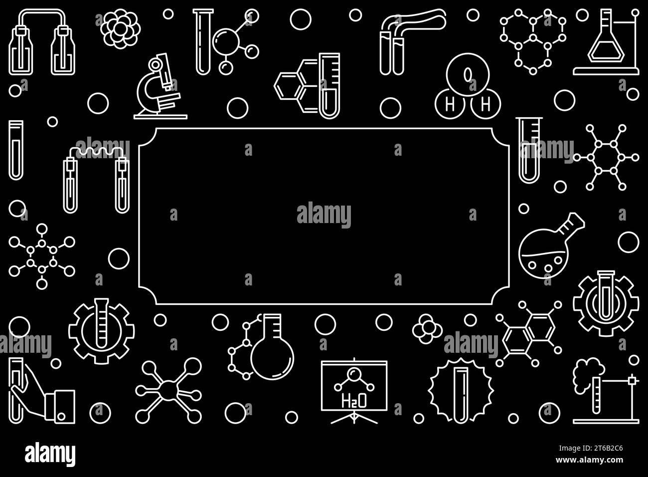 Chemistry horizontal outline white frame on dark background. Chemical ...