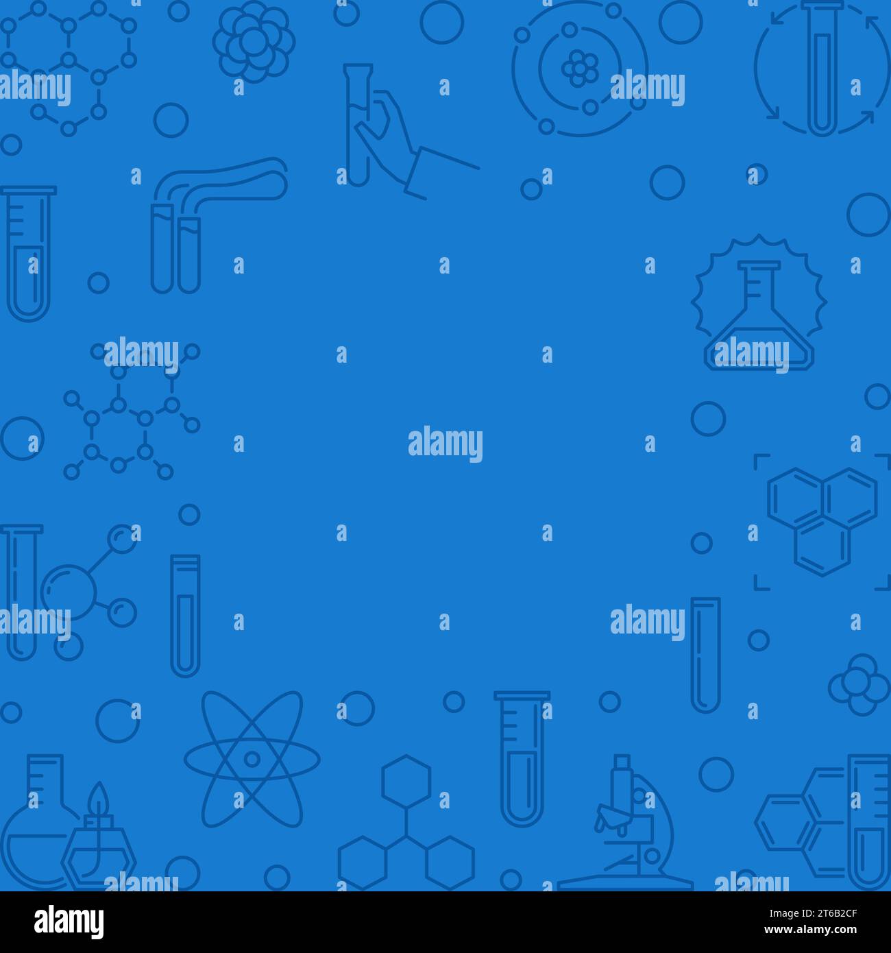 Chemistry vector blue square background with frame in thin line style ...