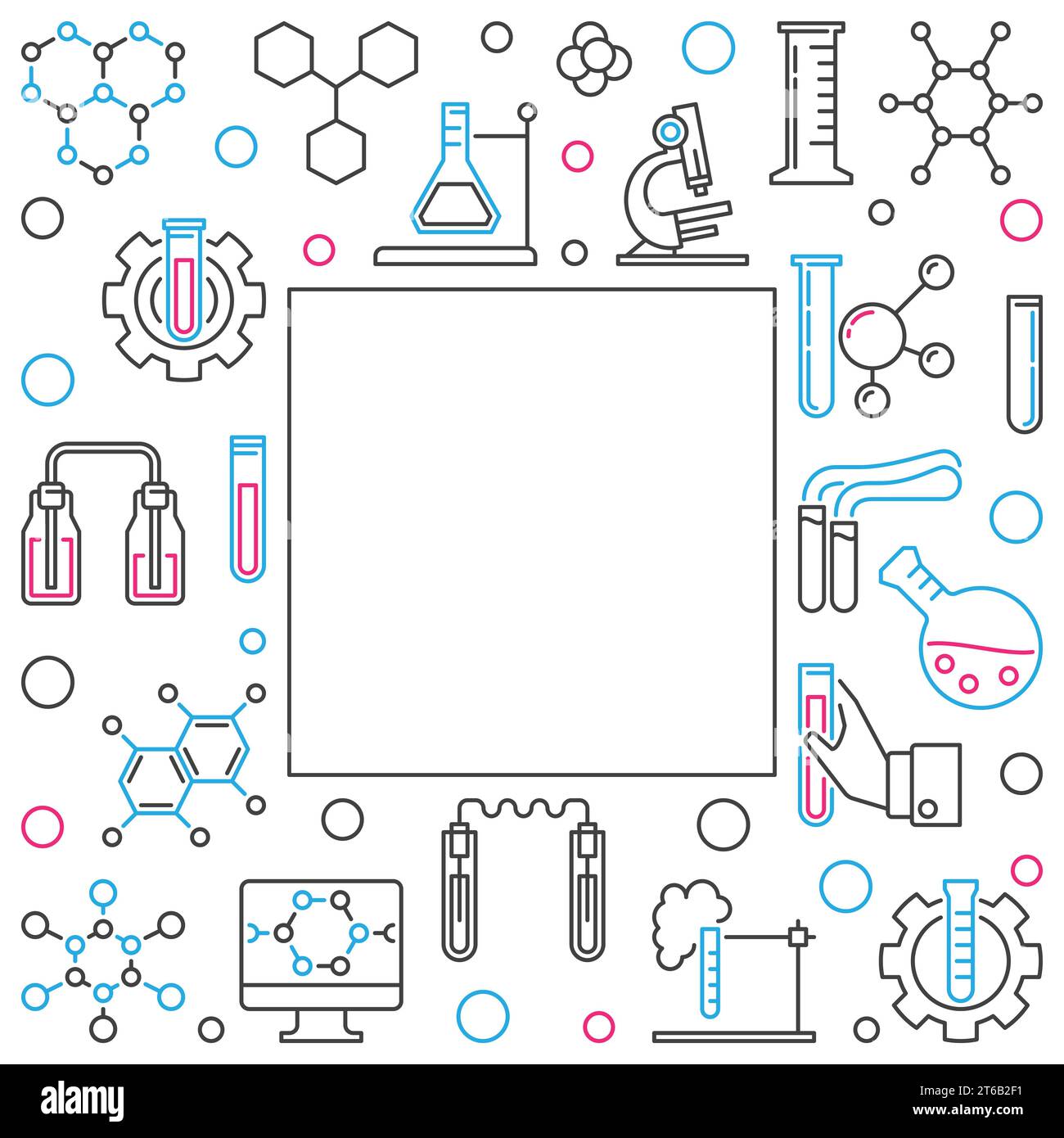 Chemistry vector illustration with square frame in thin line style on ...