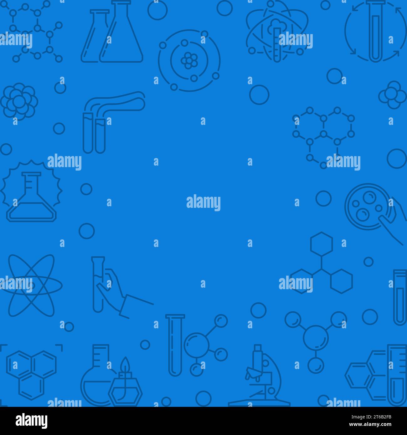 Chemistry outline blue frame. Chemical square linear background with ...
