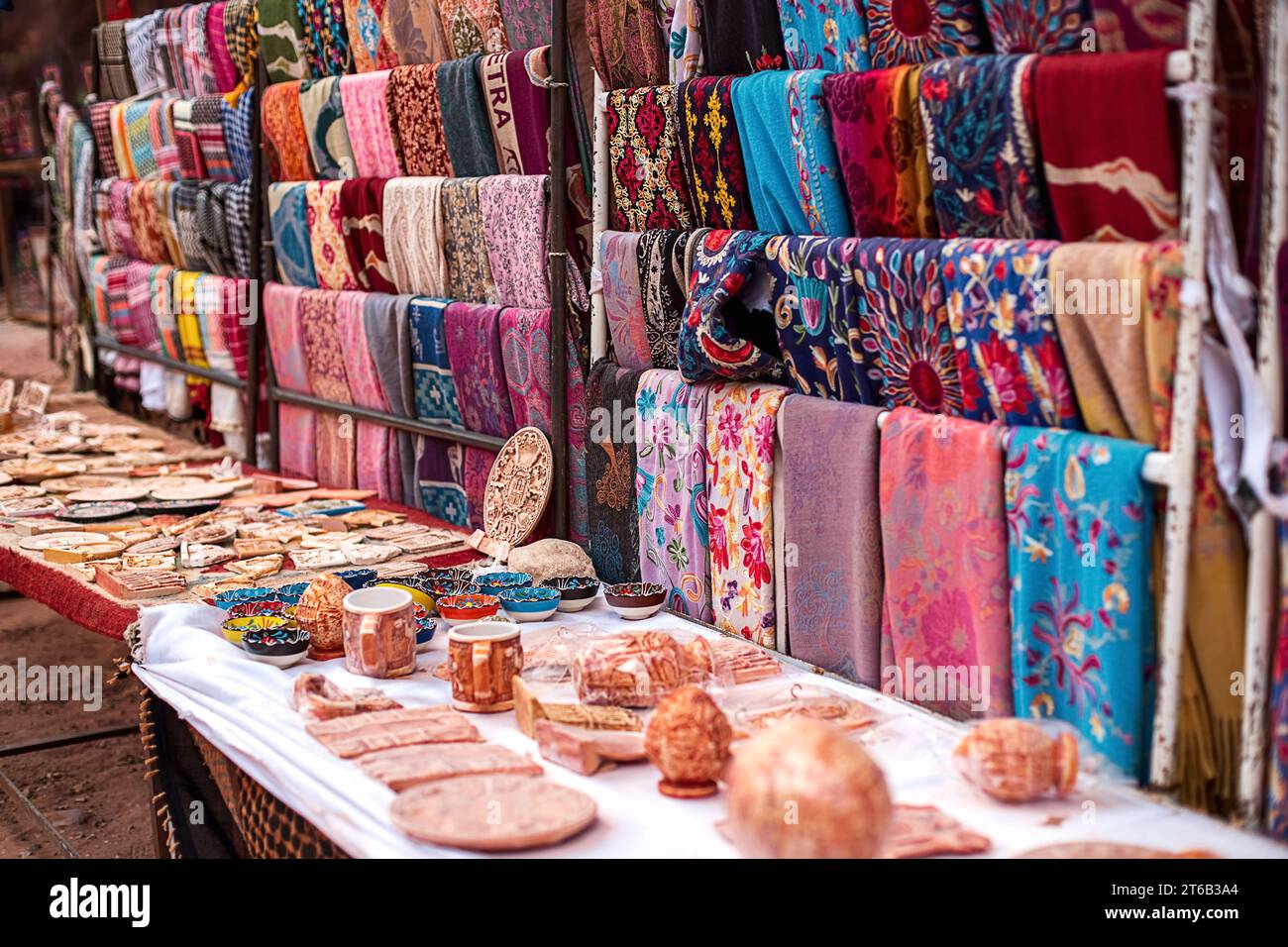 View of an open-air souvenir shop located along the Siq Canyon in the ...