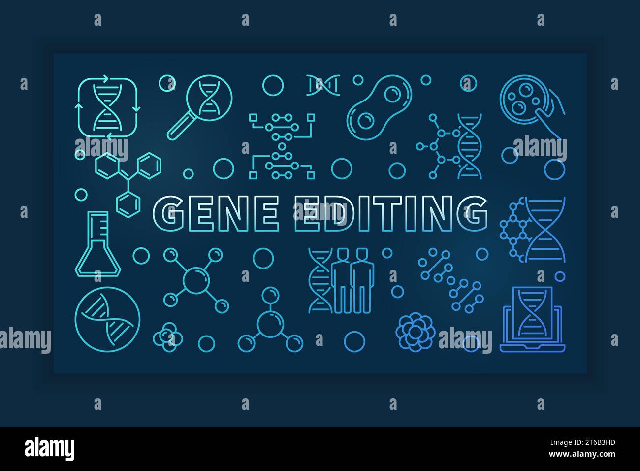 Gene Editing vector blue outline horizontal banner on dark background ...