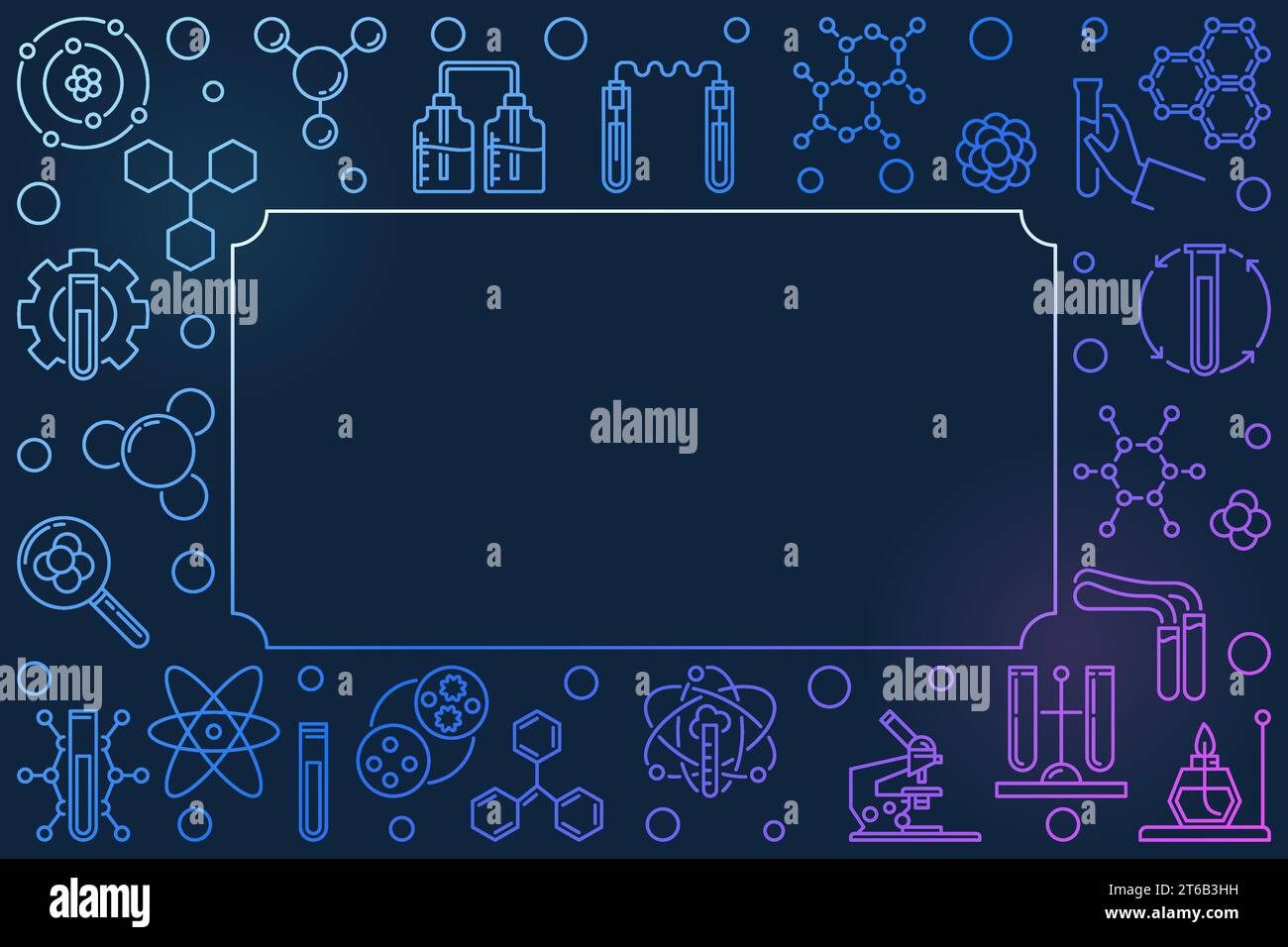 Chemistry vector colorful horizontal frame with chemical outline icons ...