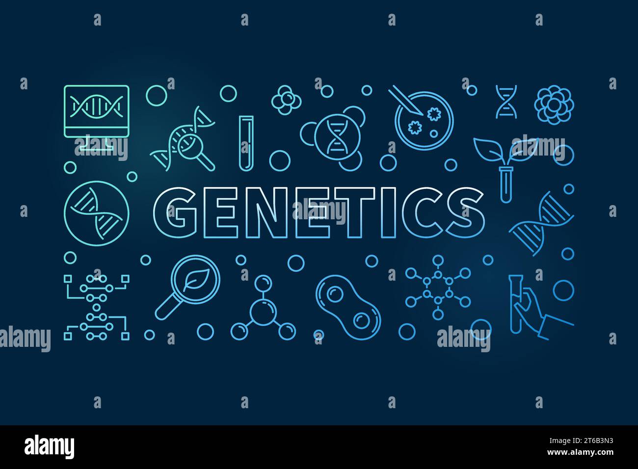 Genetics vector blue outline horizontal banner on dark background Stock ...