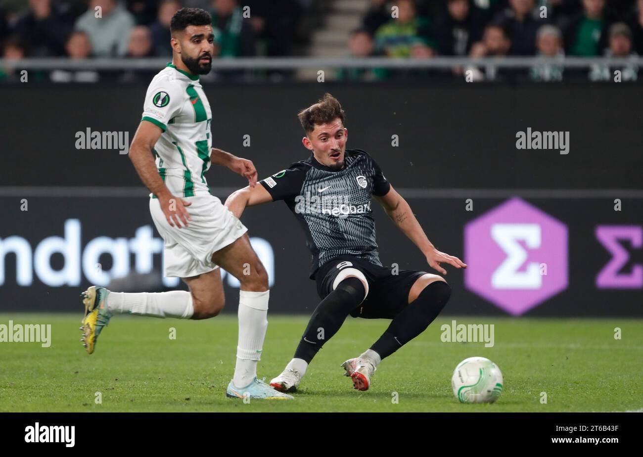 Budapest, Hungary. 09th Nov, 2023. Genk's Andi Zeqiri fights for the ...