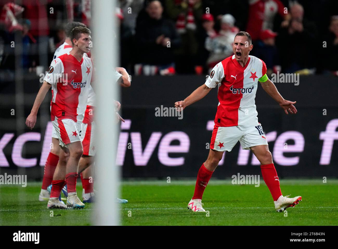 Slavia's Jan Boril celebrates his sides second goal during the Europa ...