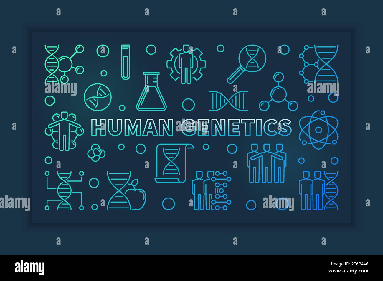 Human Genetics vector colorful linear horizontal illustration on dark ...