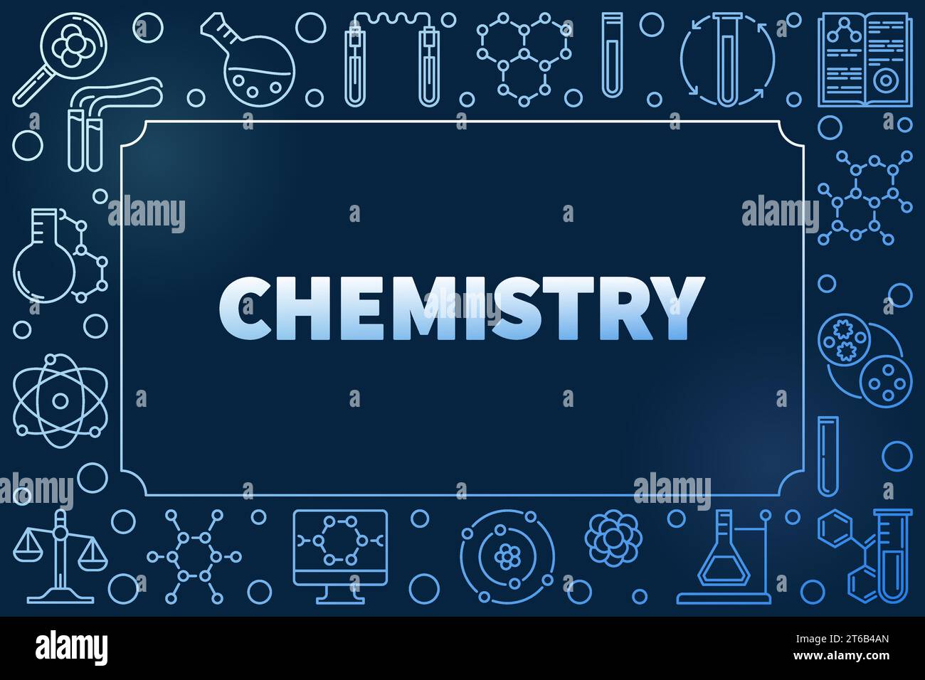 Chemistry vector blue horizontal frame with chemical linear icons and ...