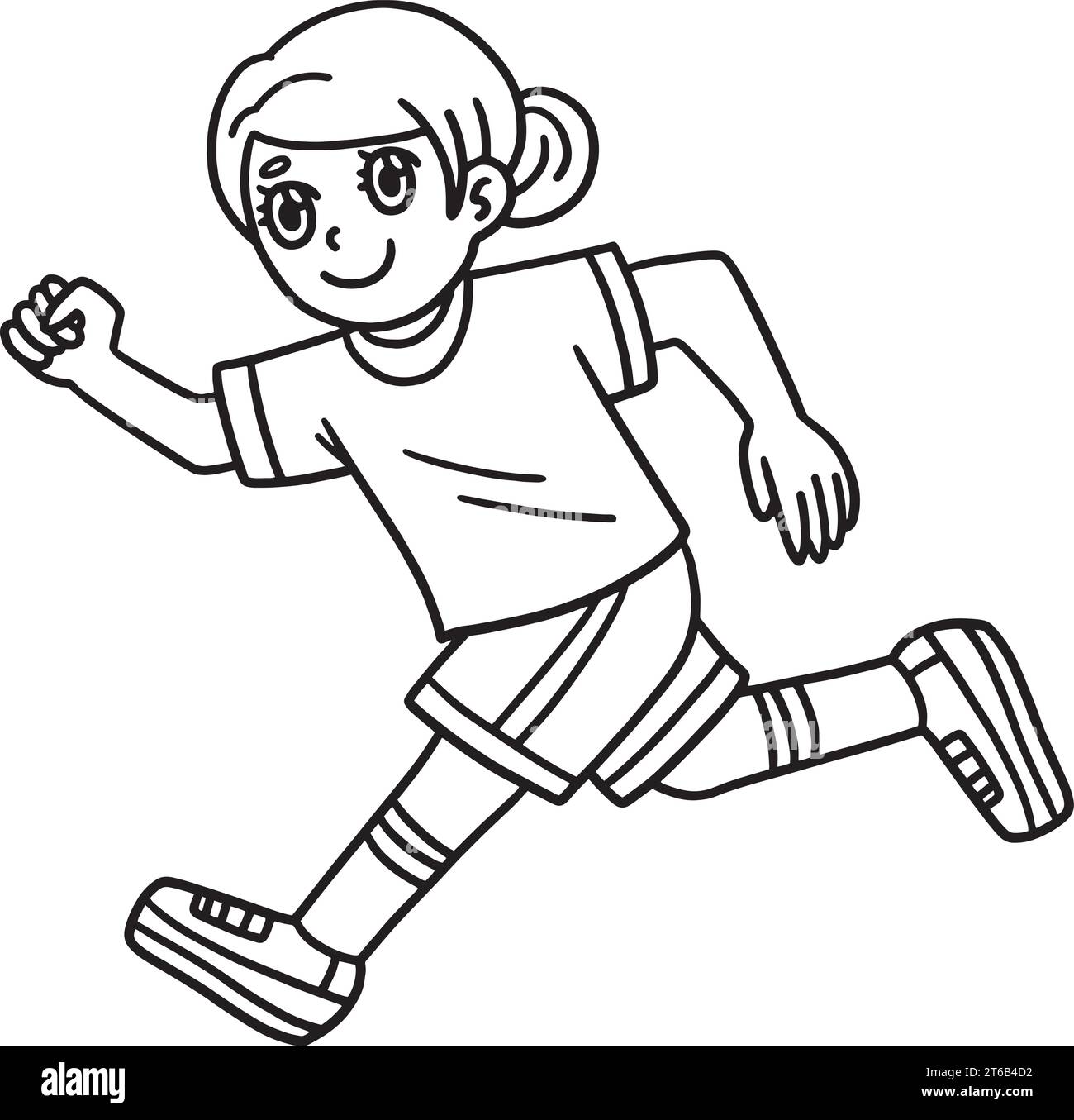 Happy Girl Running Isolated Coloring Page for Kids Stock Vector Image ...
