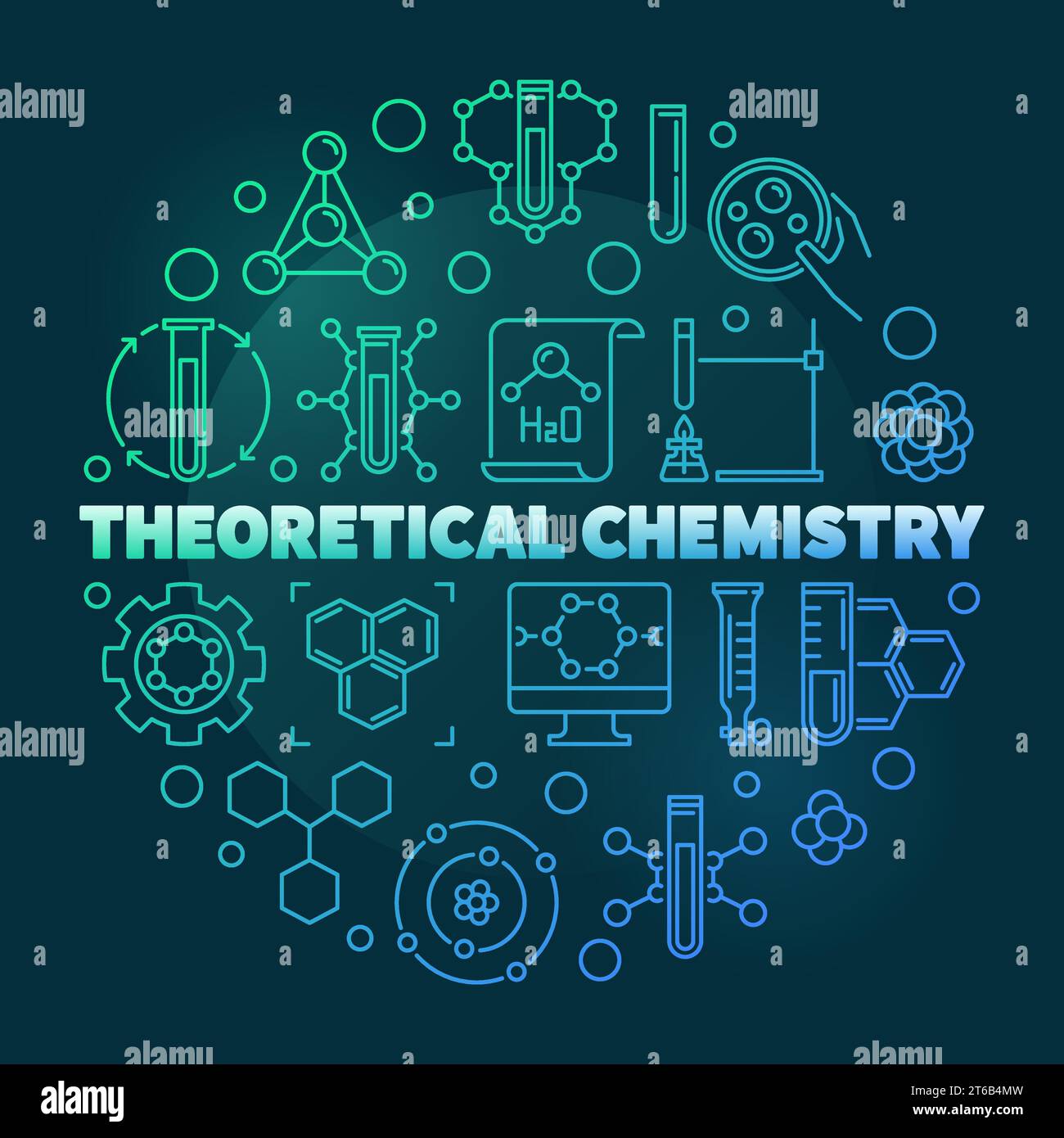 Vector Theoretical Chemistry colored round illustration in thin line ...
