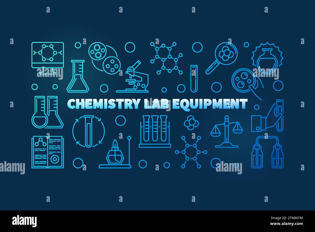 Chemistry Lab Equipment blue outline concept horizontal banner on dark ...