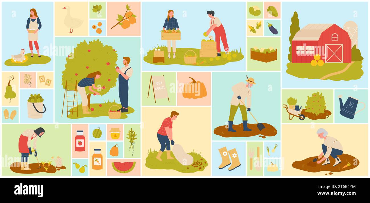 Gardener characters working on agriculture local production of harvest ...