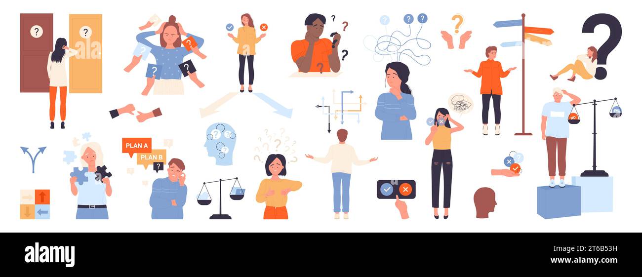 Psychology of choice set vector illustration. Cartoon isolated confused ...