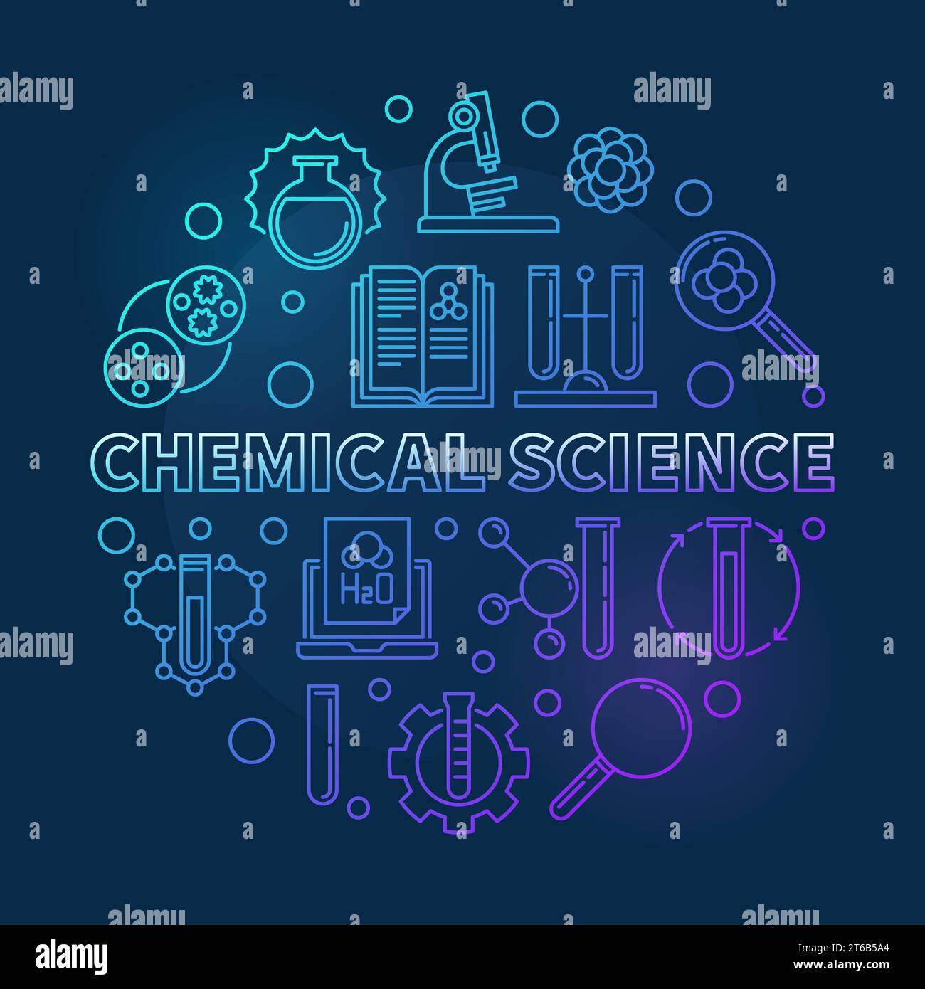 Chemical Science vector blue round illustration in outline style on ...