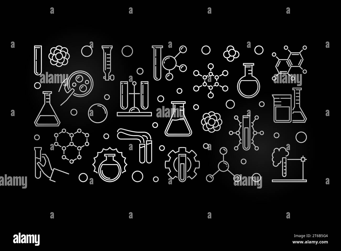 Laboratory experiments vector outline banner. Chemistry vector linear ...