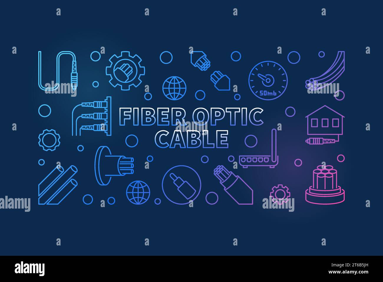 Vector Fiber Optic Cable concept colored outline banner on dark ...