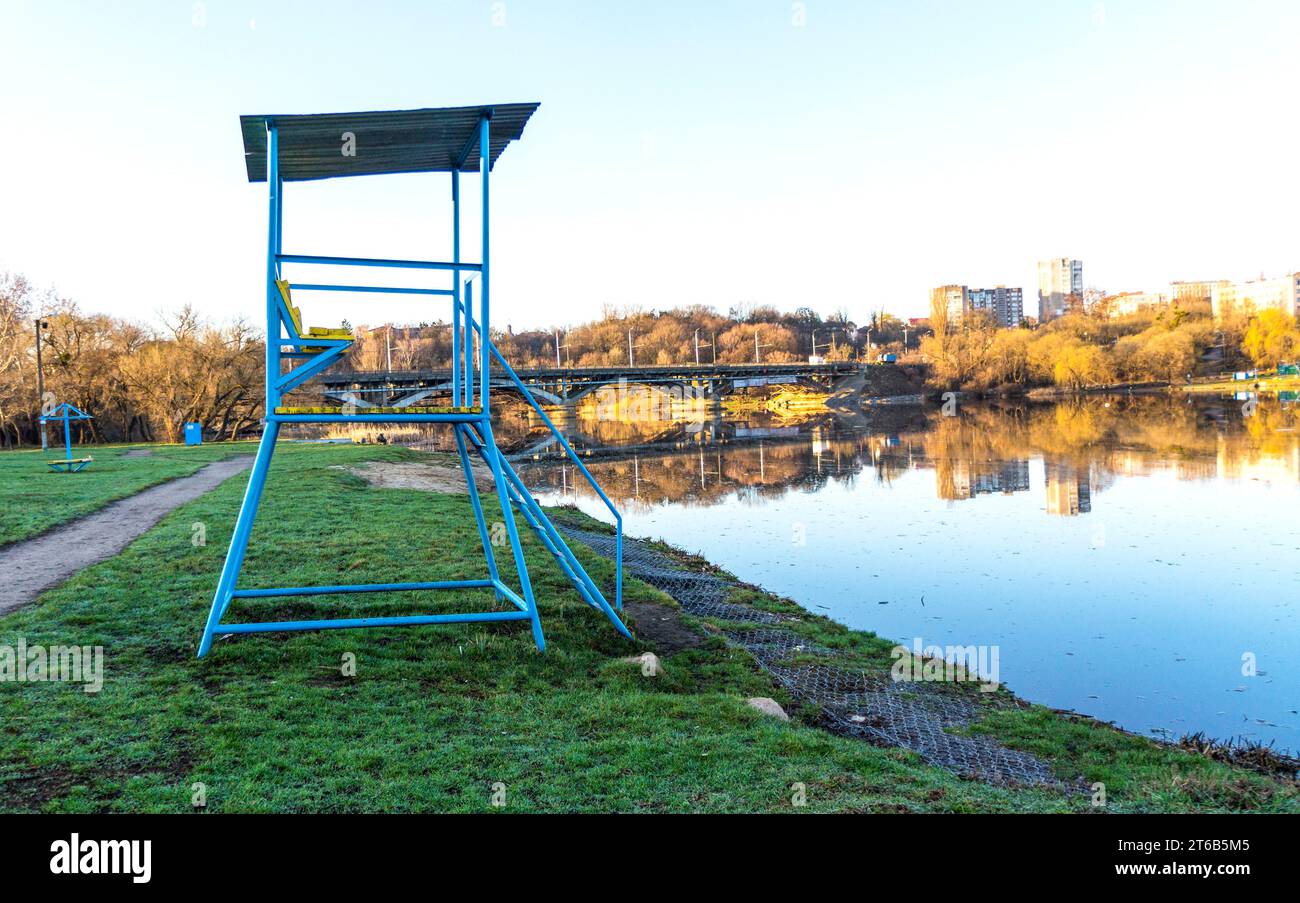 Rescue tower on the river. Observation tower. Concept of safety of ...