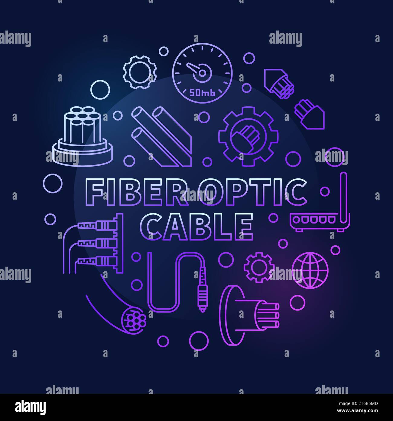 Vector Fiber Optic Cable round colored outline illustration on dark ...