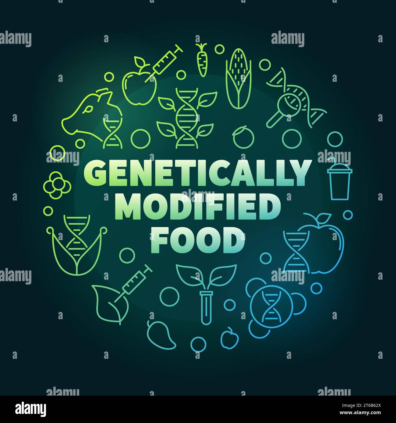 Genetically Modified Food vector round colored linear illustration on dark background Stock ...