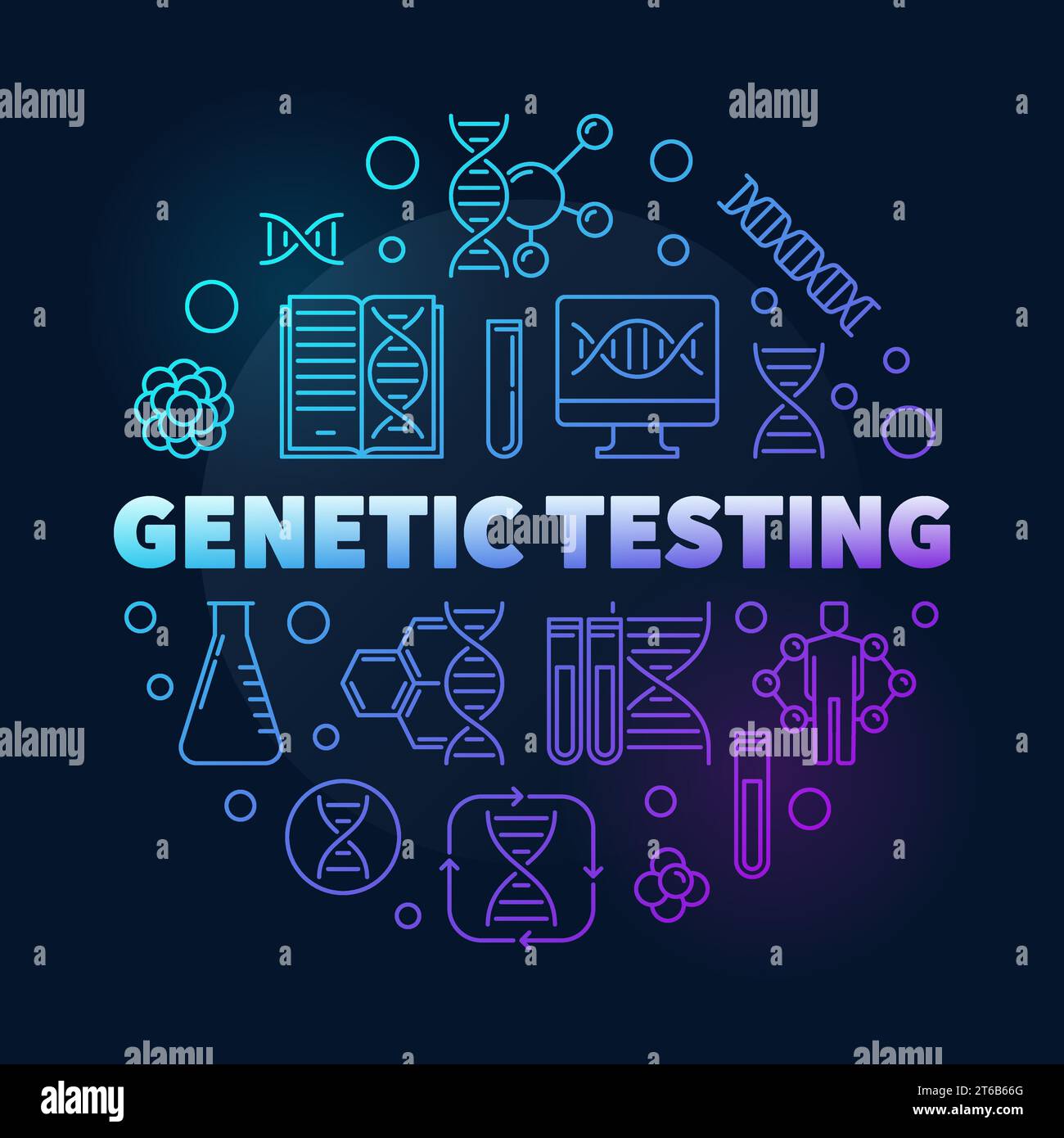 Genetic Testing vector round colorful outline illustration on dark ...