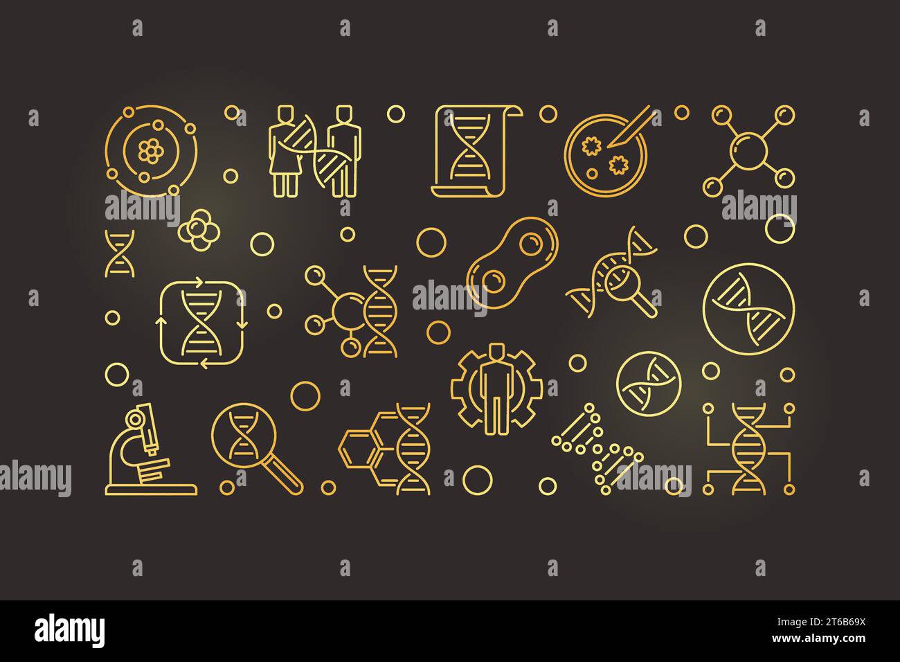 Biochemistry vector golden horizontal illustration in outline style on ...