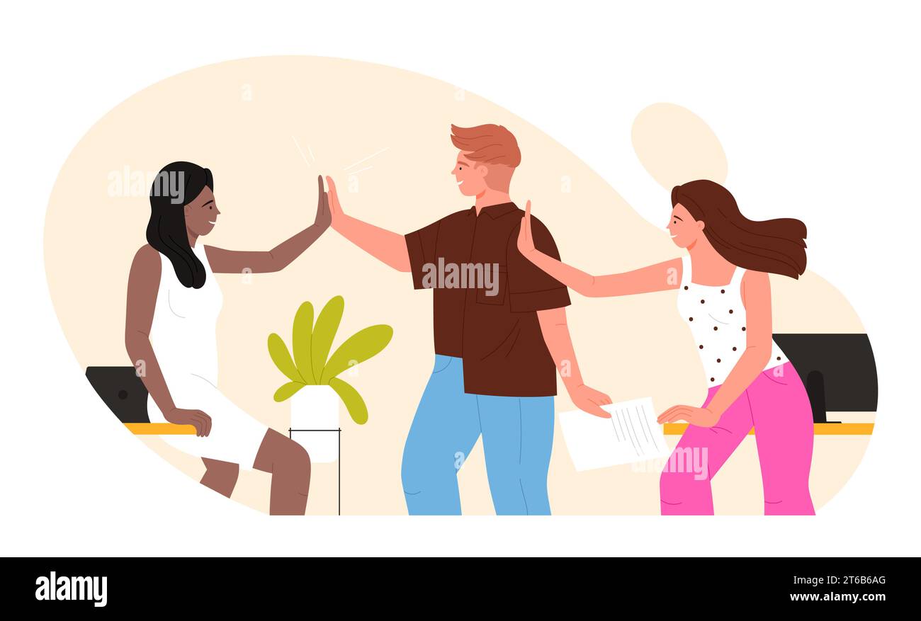 Happy male friends give high five together vector illustration. Cartoon ...