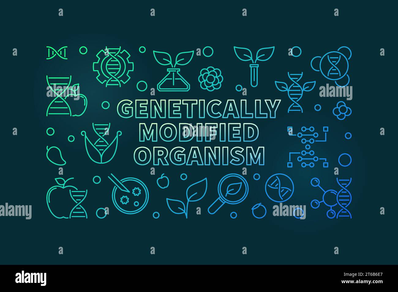 Genetically Modified Organism vector linear colorful horizontal illustration on dark background ...