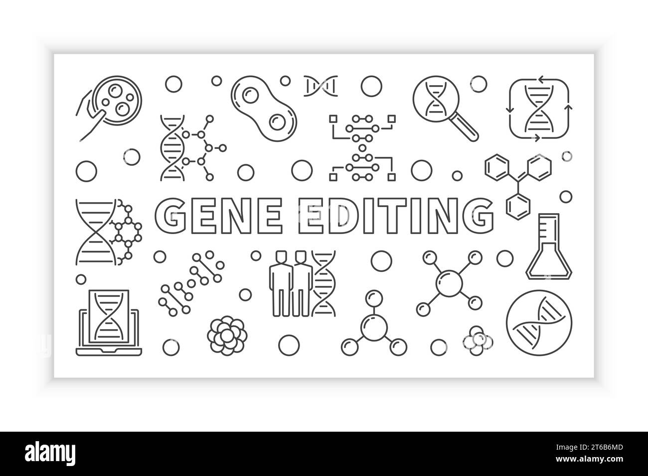 Gene Editing vector horizontal banner or illustration in outline style ...