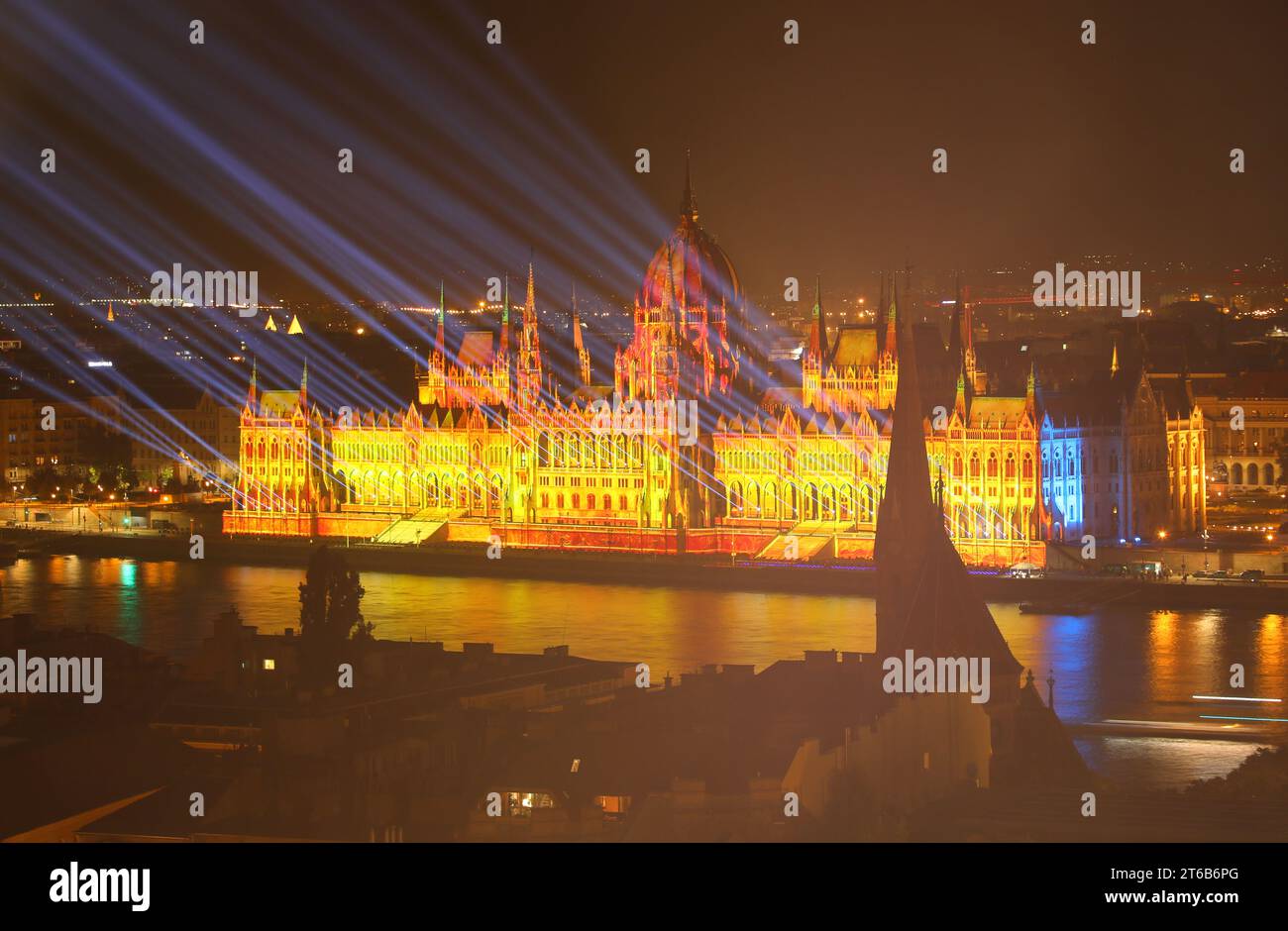 Budapest, B, Hungary - August 20, 2023: Show Light on Hungarian Parliament building at during ...