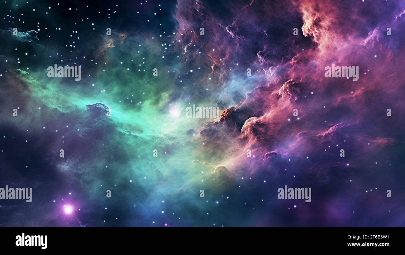 This image features a deep space galaxy illuminated by bright stars and ...