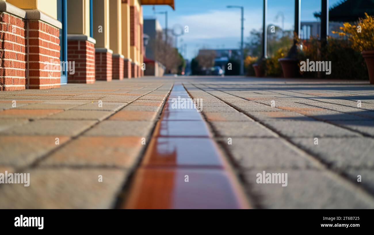 A paved street with a shallow puddle of water in front of a commercial ...