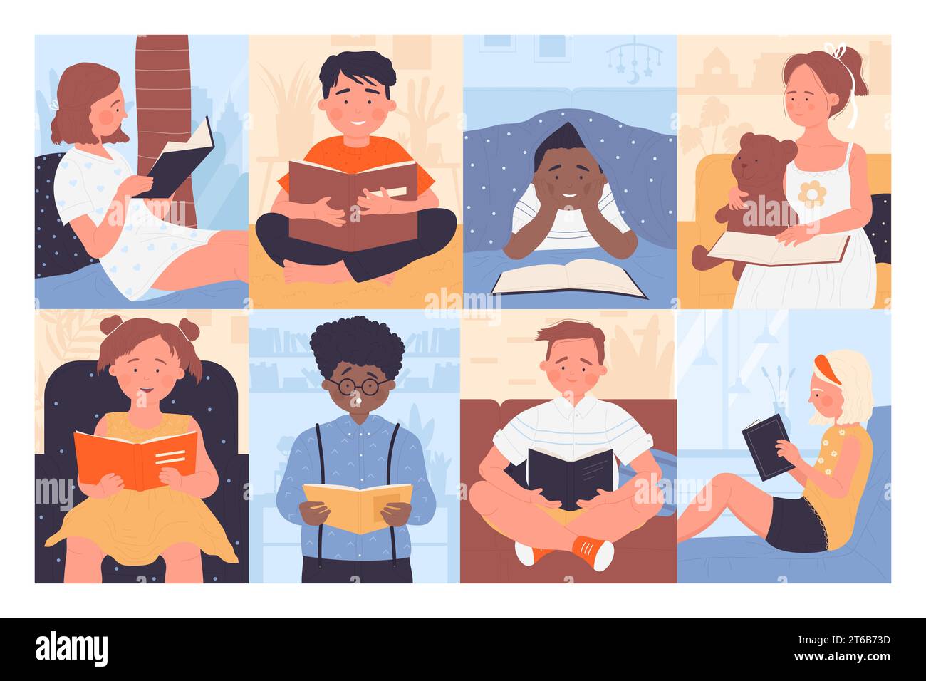 Kids read books set vector illustration. Cartoon children sitting in ...