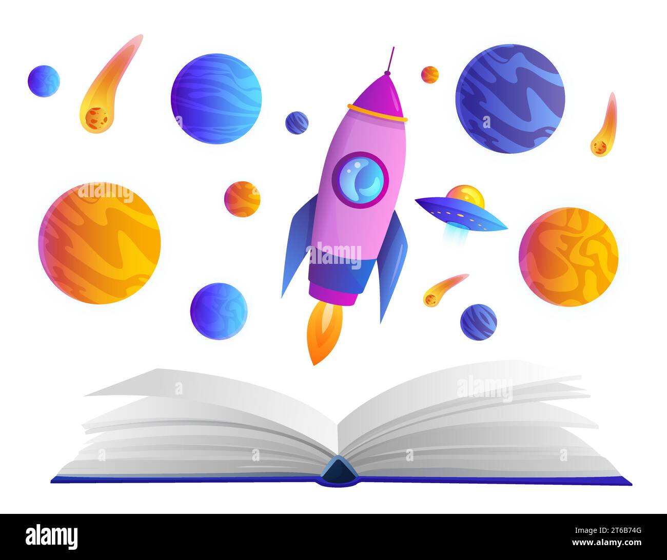 Cartoon rocket spaceship, stars and planets of universe flying over interesting books pages ...
