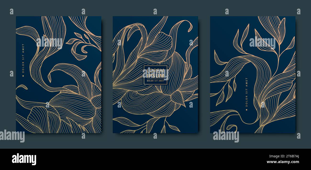 Vector art deco, luxury golden floral covers. Line japanese style ...