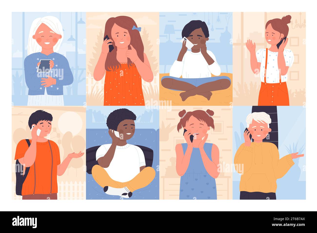 Kids talk phones set vector illustration. Cartoon little boy and girl ...