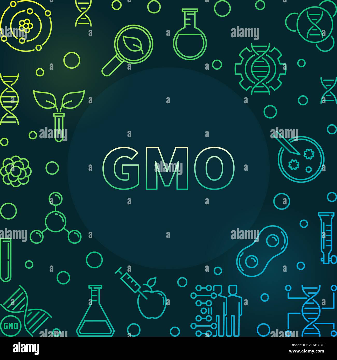 Genetically Modified Organism vector colorful outline concept frame or illustration on dark ...