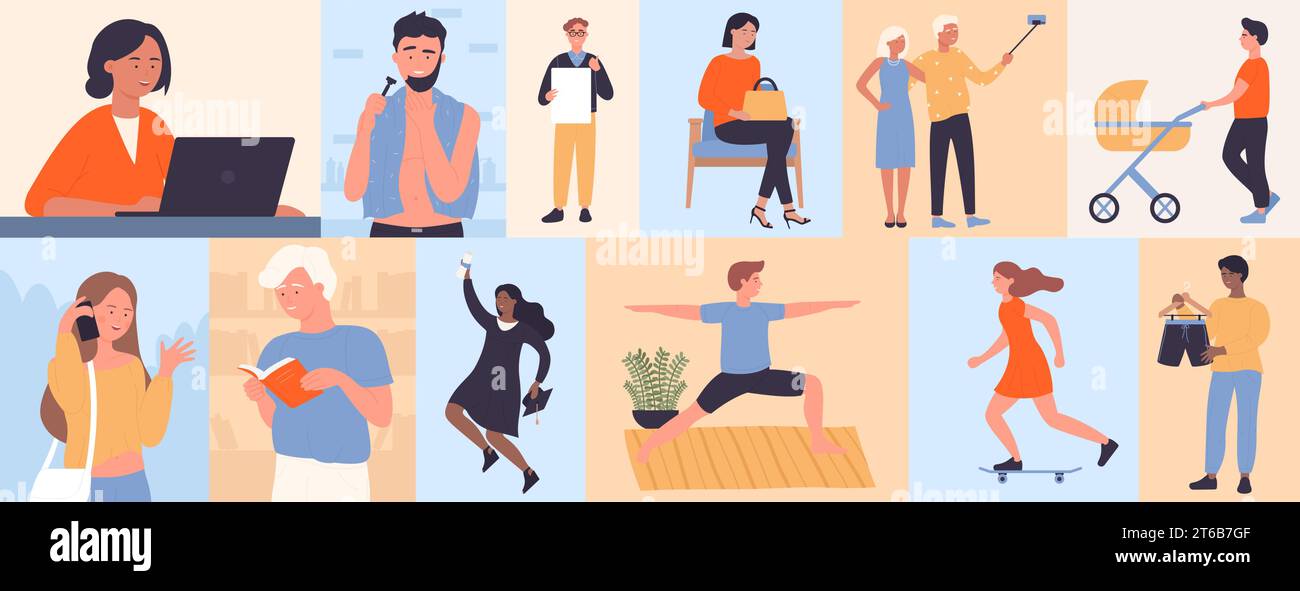 Lifestyle scenes of young or old people, geometric mosaic pattern ...