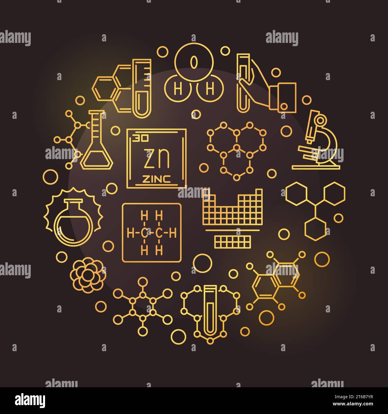 Science and Chemistry vector golden round outline illustration on dark ...