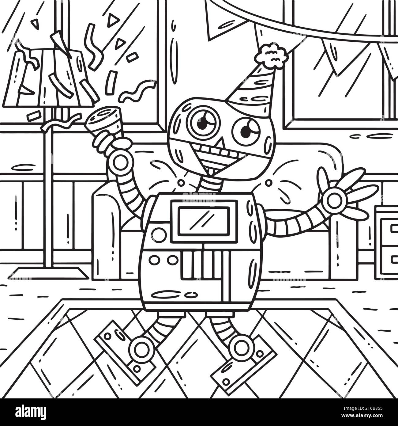 Robot with Party Hat and Confetti Coloring Page Stock Vector Image ...