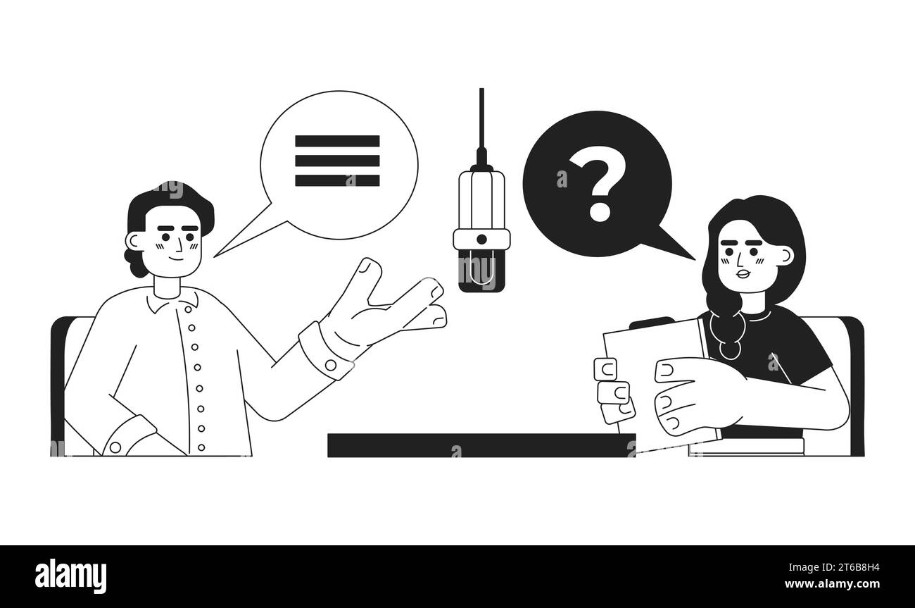 Female podcast host interviewing guest man black and white 2D cartoon ...