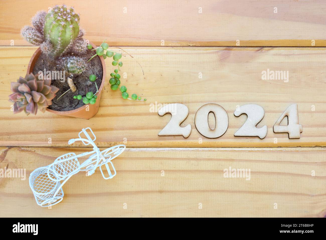 Top view of the number 2024 carved in wood, hands holding flowerpot ...