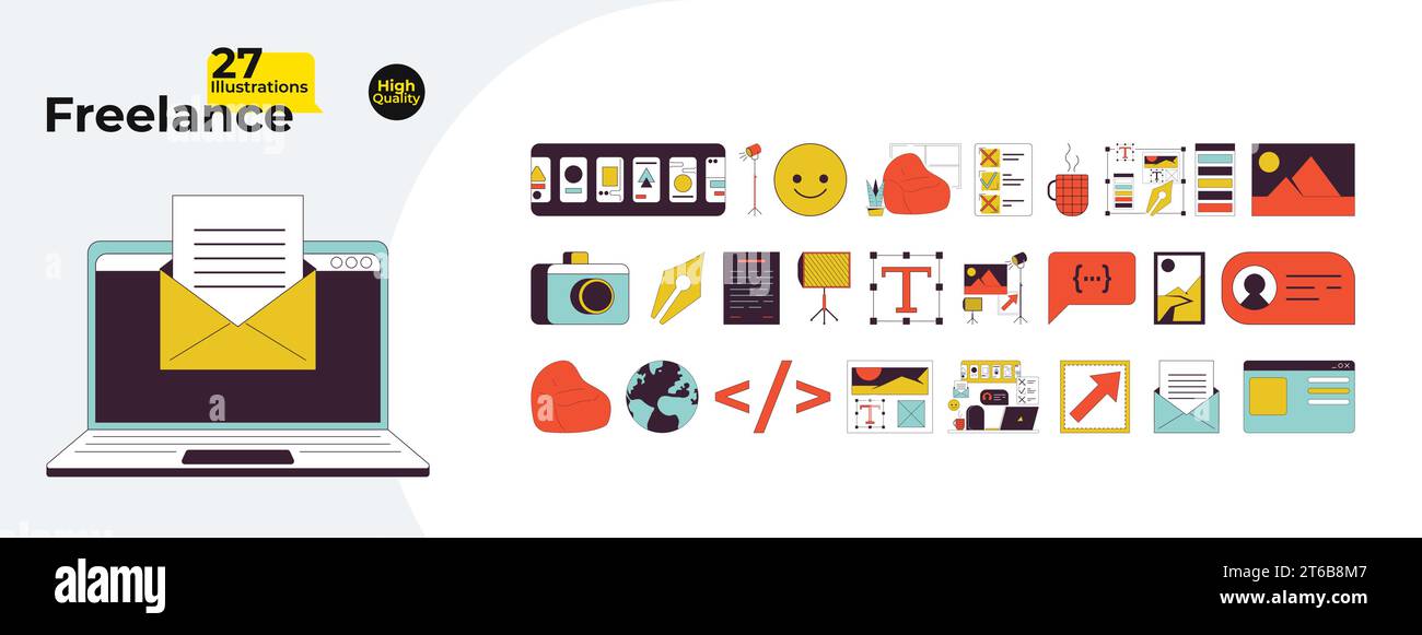 Freelance services 2D linear cartoon objects bundle Stock Vector Image ...