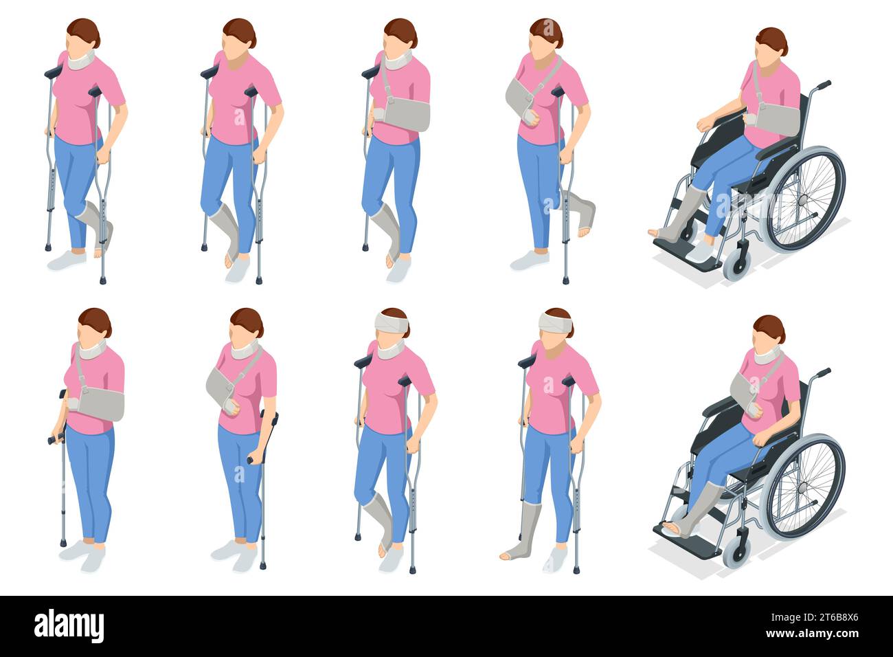 Isometric woman with injury, medical treatment and fixation of broken ...