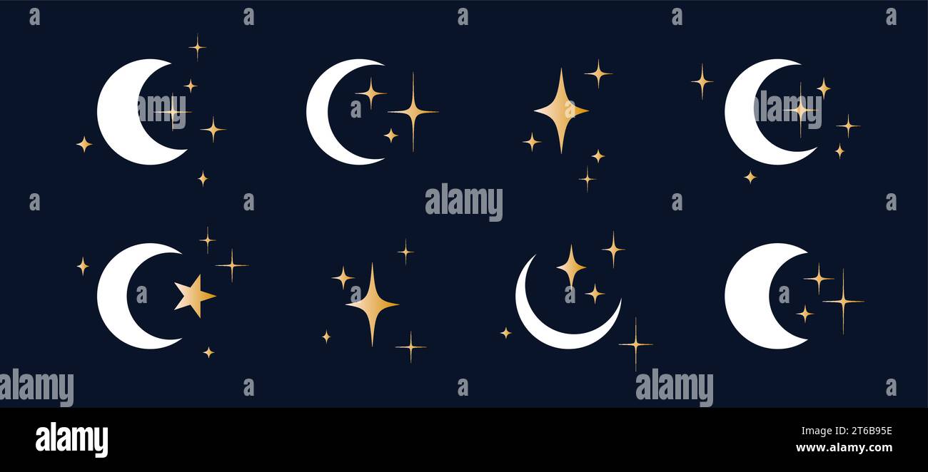 Moon with stars set. Half moon, crescent with star, night sky ...