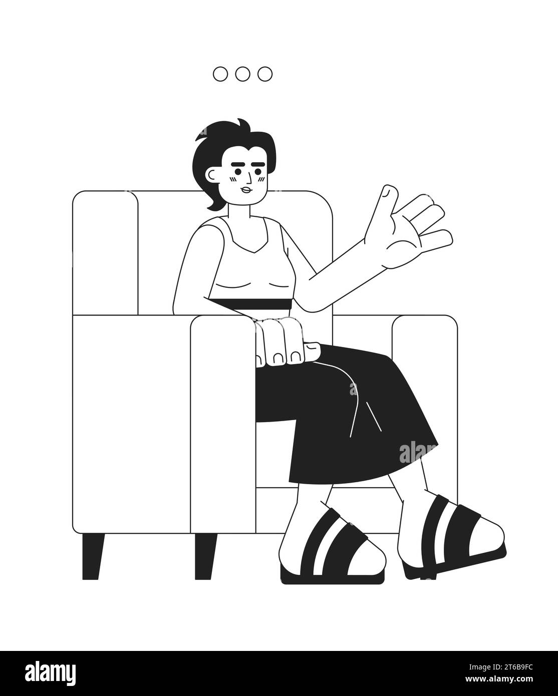 Sitting armchair woman talking black and white 2D cartoon character ...